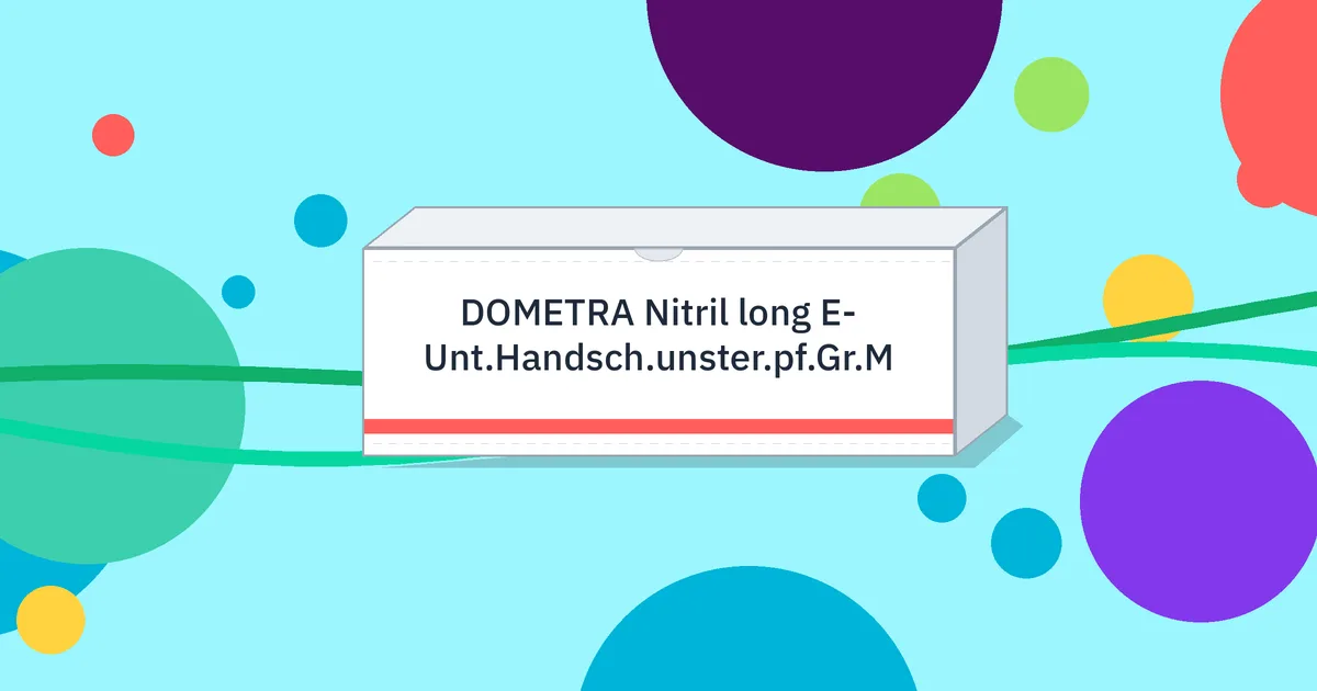 Symbolbild: Packung mit der Aufschrift DOMETRA Nitril long E-Unt.Handsch.unster.pf.Gr.M (PZN 12374094) – Verfügbarkeit und Bezug in Apotheken in Frankfurt am Main