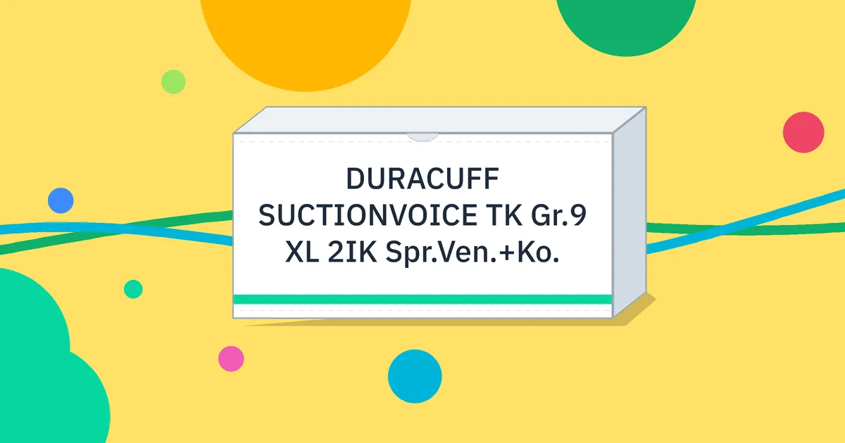 Symbolbild: Packung mit der Aufschrift DURACUFF SUCTIONVOICE TK Gr.9 XL 2IK Spr.Ven.+Ko. (PZN 04964692) – Verfügbarkeit und Bezug in Apotheken in Frankfurt am Main