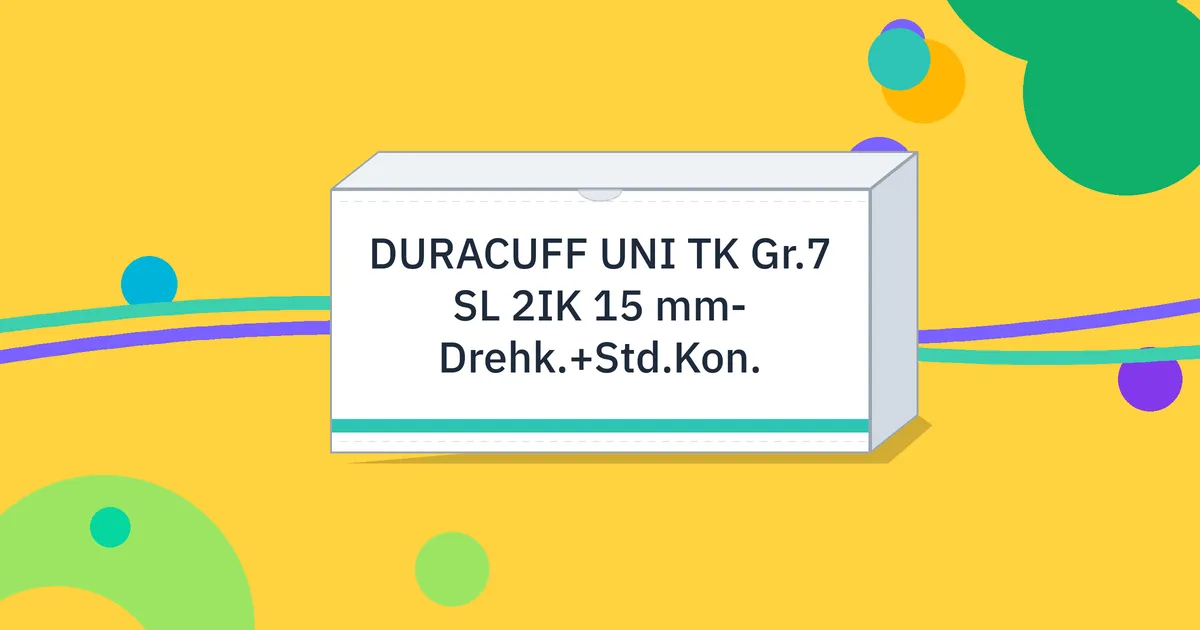 Symbolbild: Packung mit der Aufschrift DURACUFF UNI TK Gr.7 SL 2IK 15 mm-Drehk.+Std.Kon. (PZN 04958504) – Verfügbarkeit und Bezug in Apotheken in Frankfurt am Main