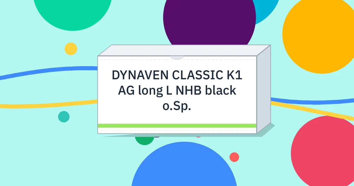 Symbolbild: Packung mit der Aufschrift DYNAVEN CLASSIC K1 AG long L NHB black o.Sp. (PZN 18415380) – Verfügbarkeit und Bezug in Apotheken in Frankfurt am Main