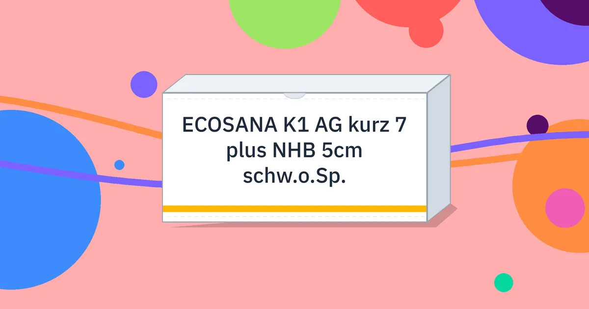 Symbolbild: Packung mit der Aufschrift ECOSANA K1 AG kurz 7 plus NHB 5cm schw.o.Sp. (PZN 04730528) – Verfügbarkeit und Bezug in Apotheken in Frankfurt am Main