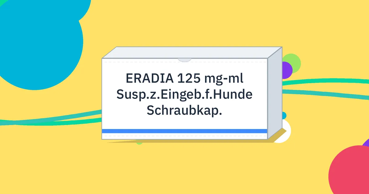 Symbolbild: Packung mit der Aufschrift ERADIA 125 mg-ml Susp.z.Eingeb.f.Hunde Schraubkap. (PZN 15570424) – Verfügbarkeit und Bezug in Apotheken in Frankfurt am Main