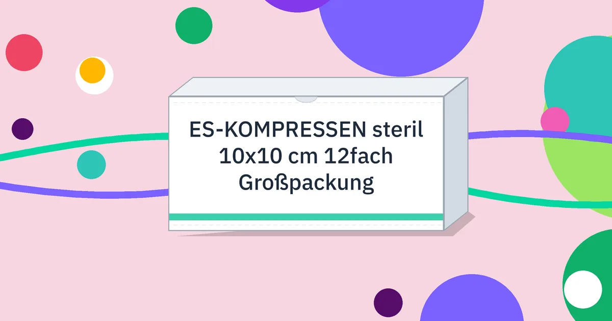 Symbolbild: Packung mit der Aufschrift ES-KOMPRESSEN steril 10x10 cm 12fach Großpackung (PZN 20828675) – Verfügbarkeit und Bezug in Apotheken in Frankfurt am Main