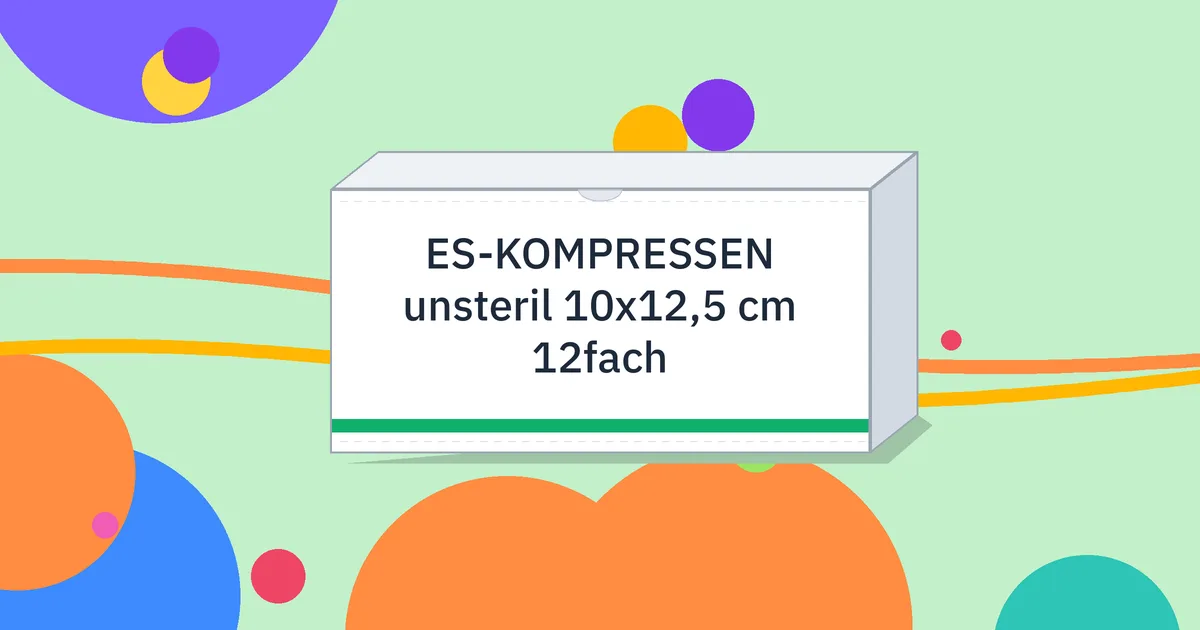 Symbolbild: Packung mit der Aufschrift ES-KOMPRESSEN unsteril 10x12,5 cm 12fach (PZN 19700361) – Verfügbarkeit und Bezug in Apotheken in Frankfurt am Main