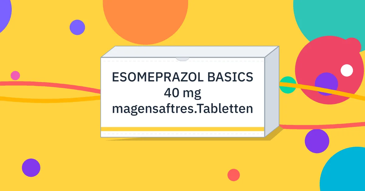 Symbolbild: Packung mit der Aufschrift ESOMEPRAZOL BASICS 40 mg magensaftres.Tabletten (PZN 08845234) – Verfügbarkeit und Bezug in Apotheken in Frankfurt am Main