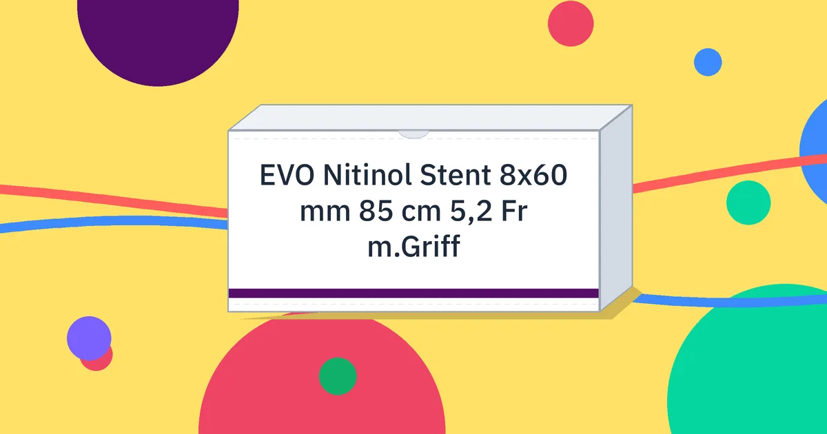 Symbolbild: Packung mit der Aufschrift EVO Nitinol Stent 8x60 mm 85 cm 5,2 Fr m.Griff (PZN 00223409) – Verfügbarkeit und Bezug in Apotheken in Frankfurt am Main