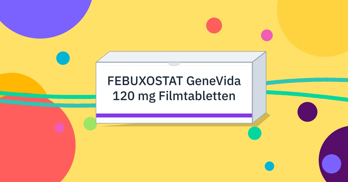 Symbolbild: Packung mit der Aufschrift FEBUXOSTAT GeneVida 120 mg Filmtabletten (PZN 15743505) – Verfügbarkeit und Bezug in Apotheken in Frankfurt am Main