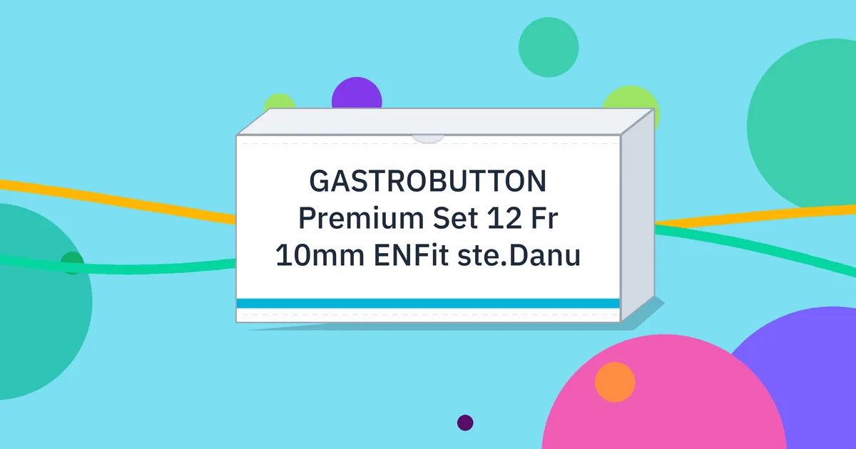 Symbolbild: Packung mit der Aufschrift GASTROBUTTON Premium Set 12 Fr 10mm ENFit ste.Danu (PZN 16883220) – Verfügbarkeit und Bezug in Apotheken in Frankfurt am Main