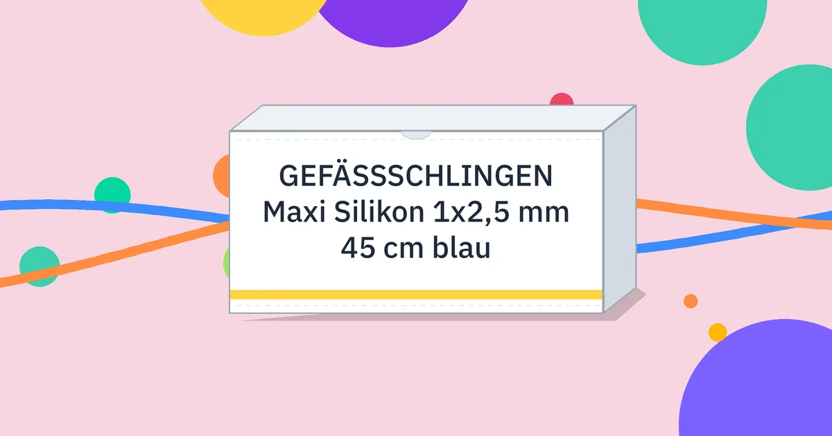 Symbolbild: Packung mit der Aufschrift GEFÄSSSCHLINGEN Maxi Silikon 1x2,5 mm 45 cm blau (PZN 04500656) – Verfügbarkeit und Bezug in Apotheken in Frankfurt am Main
