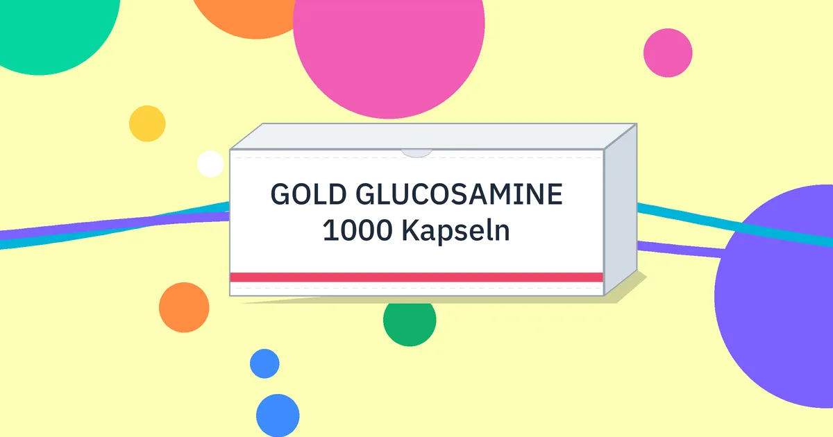 Symbolbild: Packung mit der Aufschrift GOLD GLUCOSAMINE 1000 Kapseln (PZN 17852776) – Verfügbarkeit und Bezug in Apotheken in Frankfurt am Main