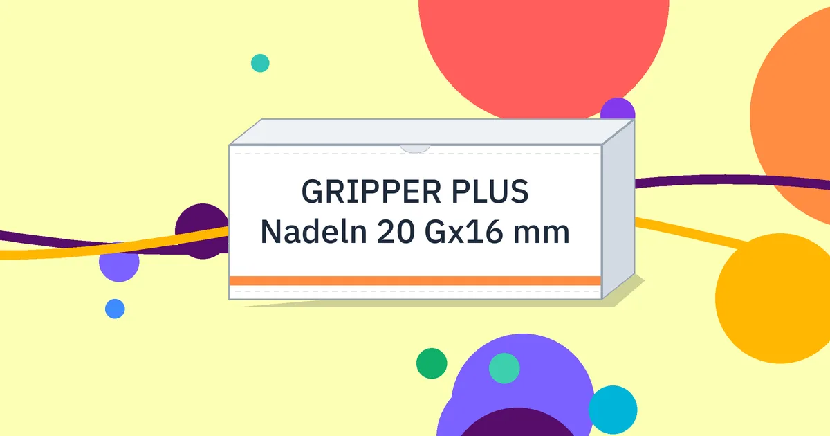 Symbolbild: Packung mit der Aufschrift GRIPPER PLUS Nadeln 20 Gx16 mm (PZN 00108571) – Verfügbarkeit und Bezug in Apotheken in Frankfurt am Main