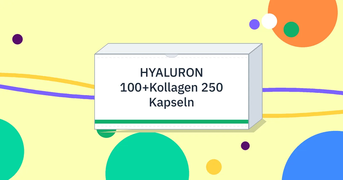 Symbolbild: Packung mit der Aufschrift HYALURON 100+Kollagen 250 Kapseln (PZN 11071061) – Verfügbarkeit und Bezug in Apotheken in Frankfurt am Main