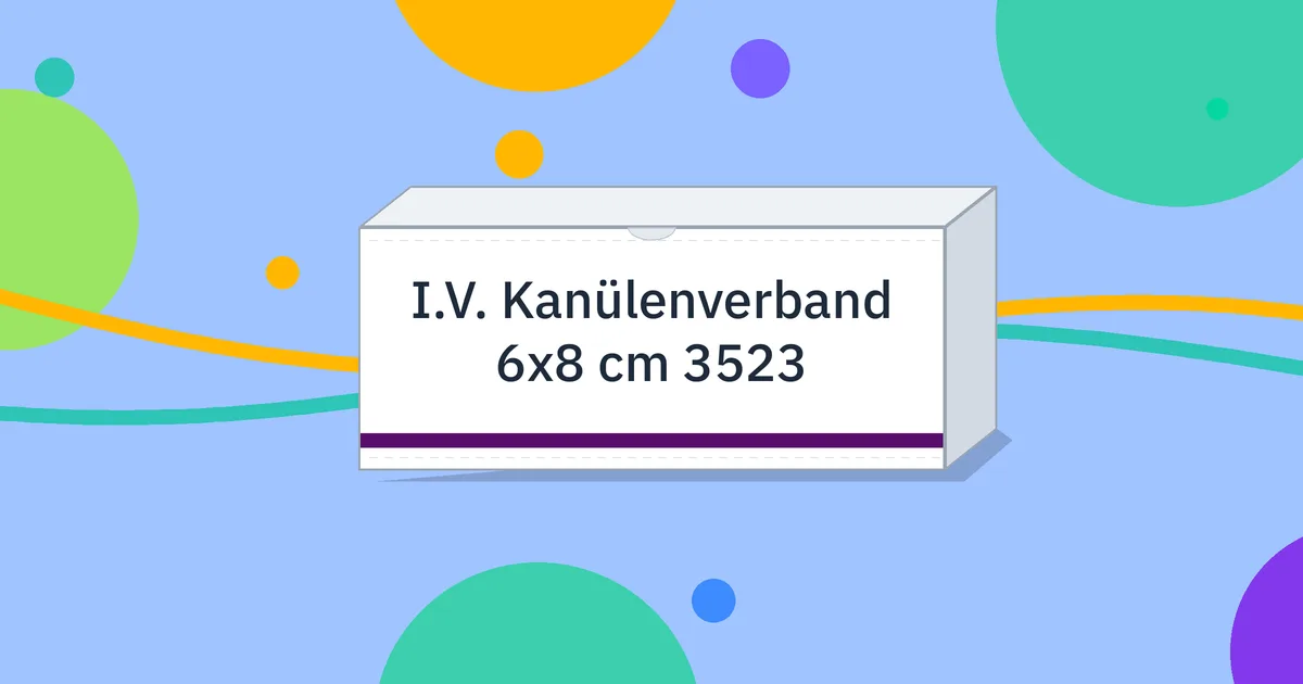 Symbolbild: Packung mit der Aufschrift I.V. Kanülenverband 6x8 cm 3523 (PZN 20129463) – Verfügbarkeit und Bezug in Apotheken in Frankfurt am Main