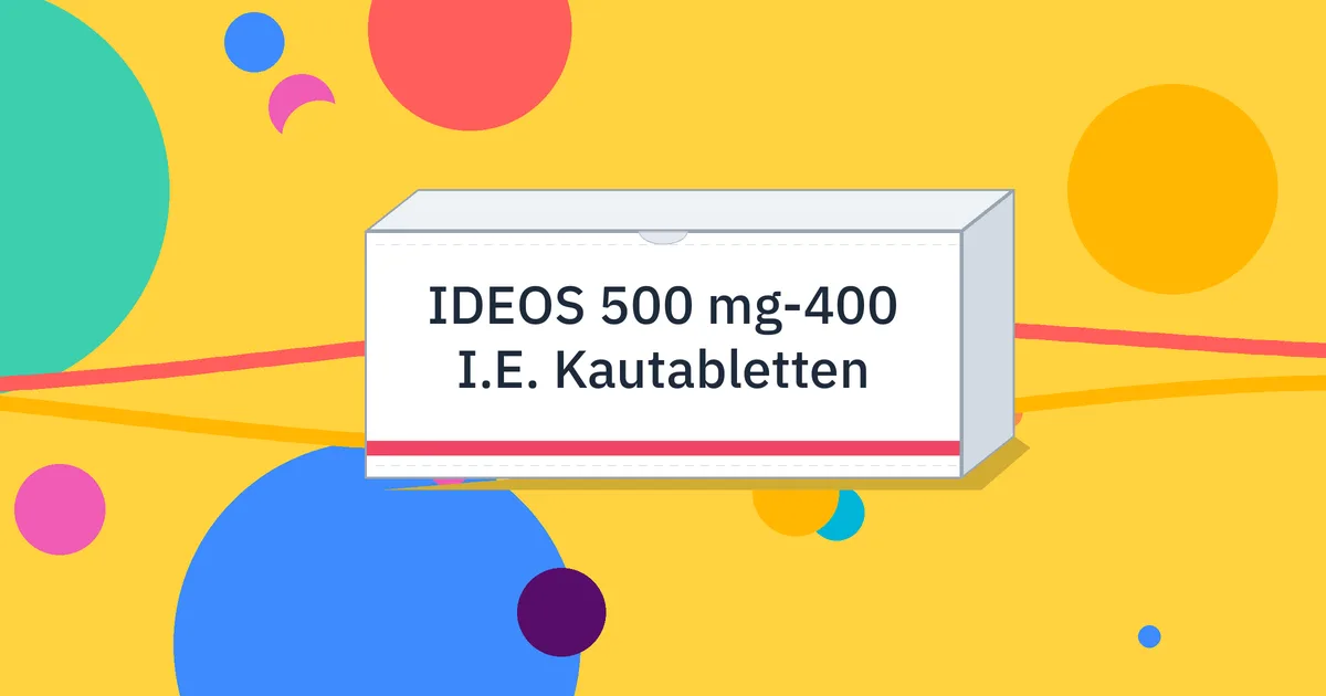 Symbolbild: Packung mit der Aufschrift IDEOS 500 mg-400 I.E. Kautabletten (PZN 12539299) – Verfügbarkeit und Bezug in Apotheken in Frankfurt am Main