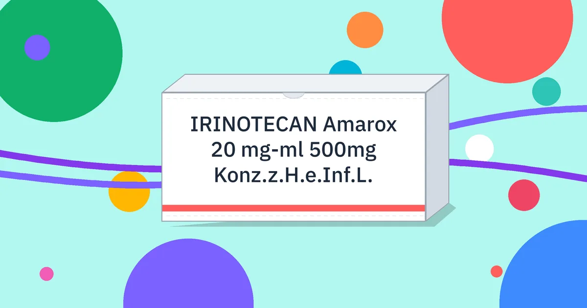 Symbolbild: Packung mit der Aufschrift IRINOTECAN Amarox 20 mg-ml 500mg Konz.z.H.e.Inf.L. (PZN 19078192) – Verfügbarkeit und Bezug in Apotheken in Frankfurt am Main