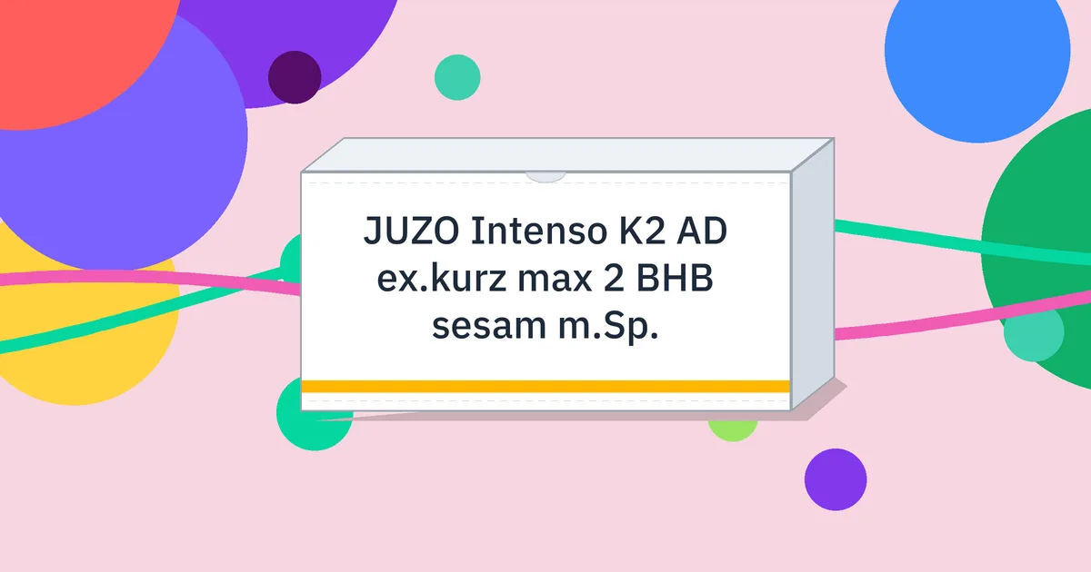 Symbolbild: Packung mit der Aufschrift JUZO Intenso K2 AD ex.kurz max 2 BHB sesam m.Sp. (PZN 18613890) – Verfügbarkeit und Bezug in Apotheken in Frankfurt am Main