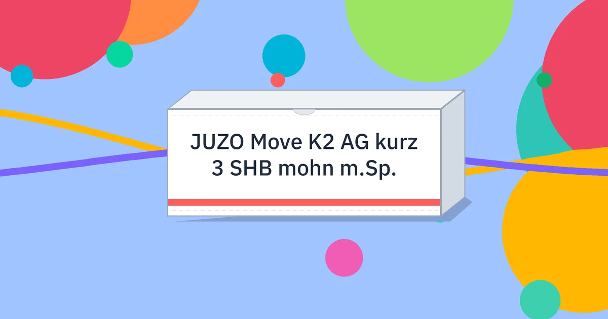 Symbolbild: Packung mit der Aufschrift JUZO Move K2 AG kurz 3 SHB mohn m.Sp. (PZN 18559558) – Verfügbarkeit und Bezug in Apotheken in Frankfurt am Main