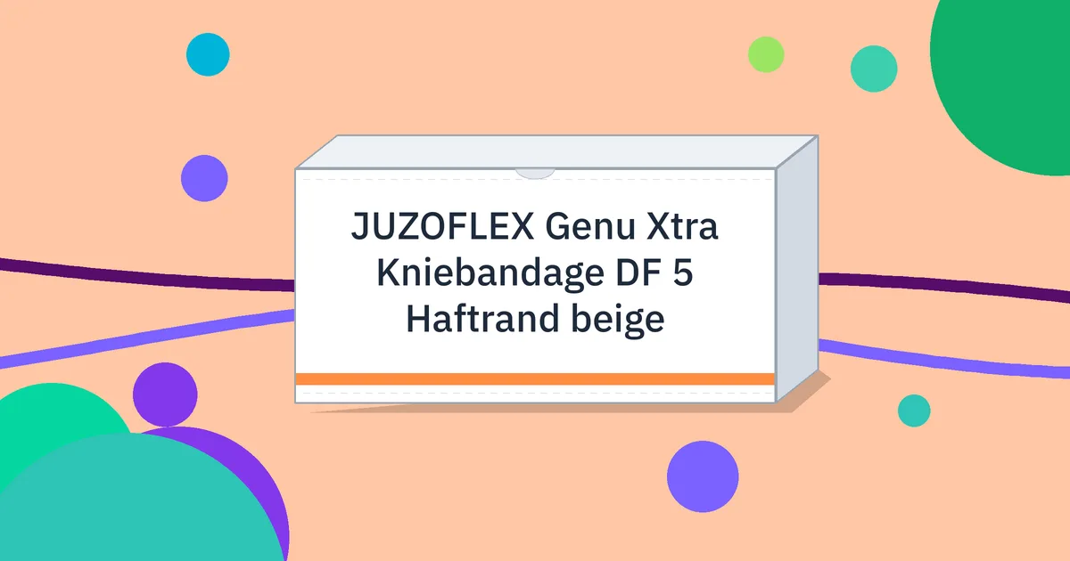 Symbolbild: Packung mit der Aufschrift JUZOFLEX Genu Xtra Kniebandage DF 5 Haftrand beige (PZN 16497385) – Verfügbarkeit und Bezug in Apotheken in Frankfurt am Main