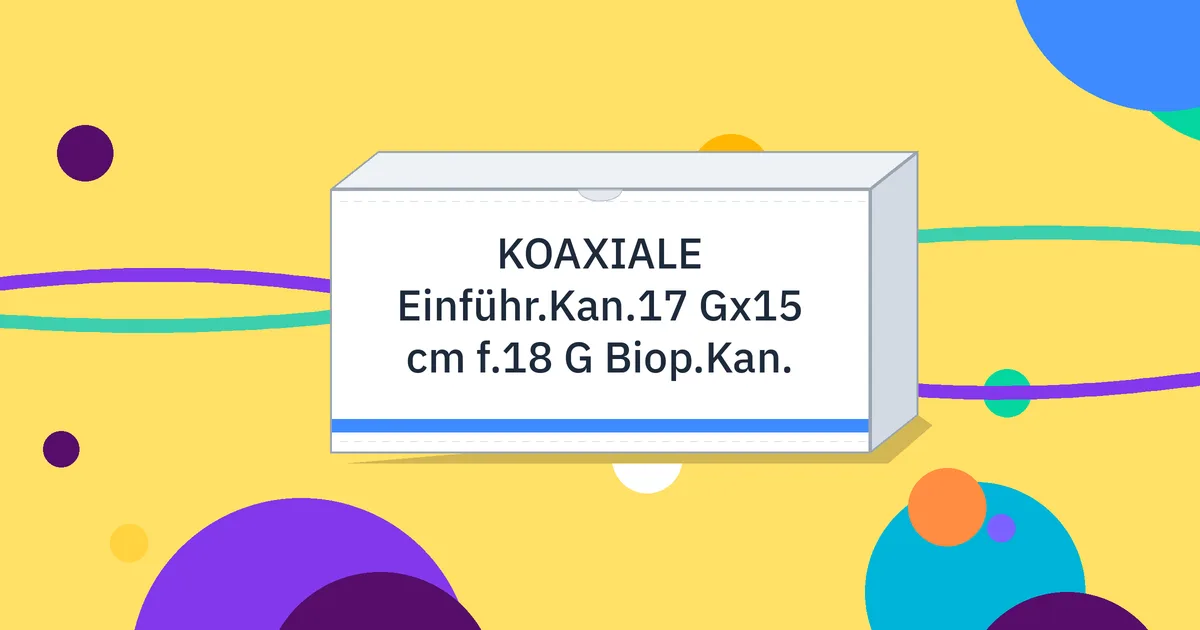 Symbolbild: Packung mit der Aufschrift KOAXIALE Einführ.Kan.17 Gx15 cm f.18 G Biop.Kan. (PZN 06903772) – Verfügbarkeit und Bezug in Apotheken in Frankfurt am Main