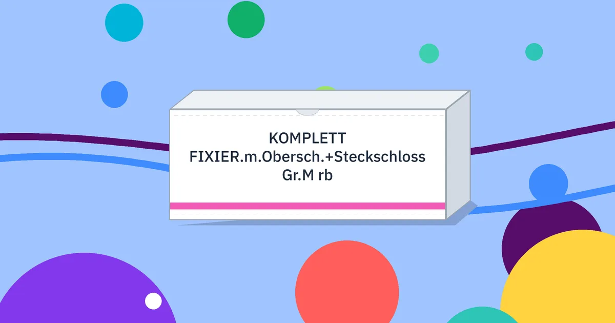Symbolbild: Packung mit der Aufschrift KOMPLETT FIXIER.m.Obersch.+Steckschloss Gr.M rb (PZN 11574164) – Verfügbarkeit und Bezug in Apotheken in Frankfurt am Main