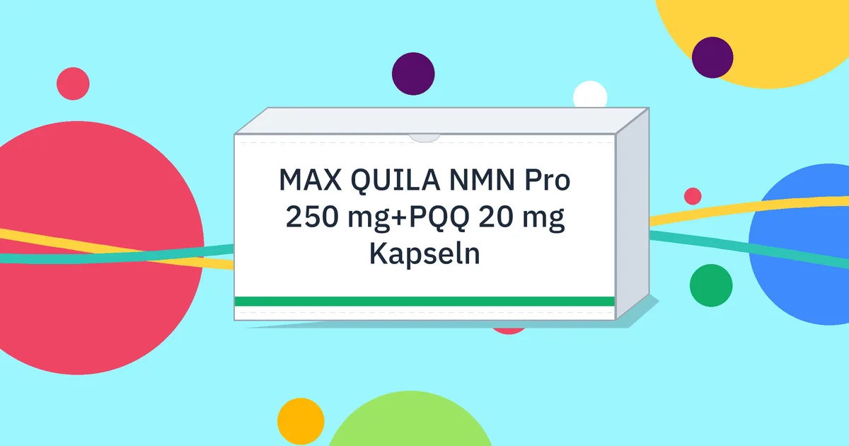 Symbolbild: Packung mit der Aufschrift MAX QUILA NMN Pro 250 mg+PQQ 20 mg Kapseln (PZN 18805158) – Verfügbarkeit und Bezug in Apotheken in Frankfurt am Main