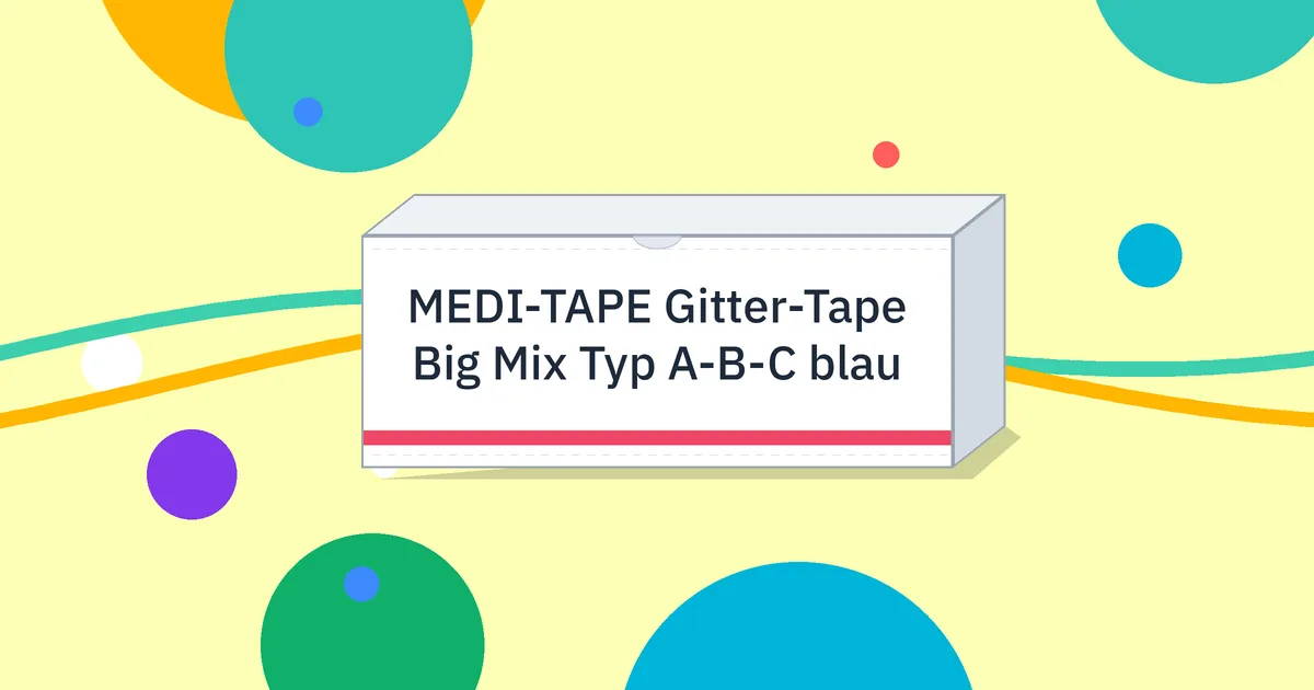 Symbolbild: Packung mit der Aufschrift MEDI-TAPE Gitter-Tape Big Mix Typ A-B-C blau (PZN 16043193) – Verfügbarkeit und Bezug in Apotheken in Frankfurt am Main