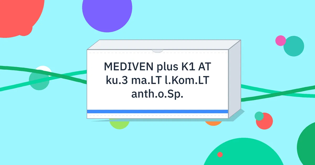 Symbolbild: Packung mit der Aufschrift MEDIVEN plus K1 AT ku.3 ma.LT l.Kom.LT anth.o.Sp. (PZN 15071425) – Verfügbarkeit und Bezug in Apotheken in Frankfurt am Main