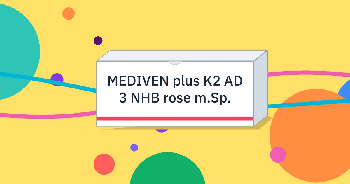 Symbolbild: Packung mit der Aufschrift MEDIVEN plus K2 AD 3 NHB rose m.Sp. (PZN 15936581) – Verfügbarkeit und Bezug in Apotheken in Frankfurt am Main