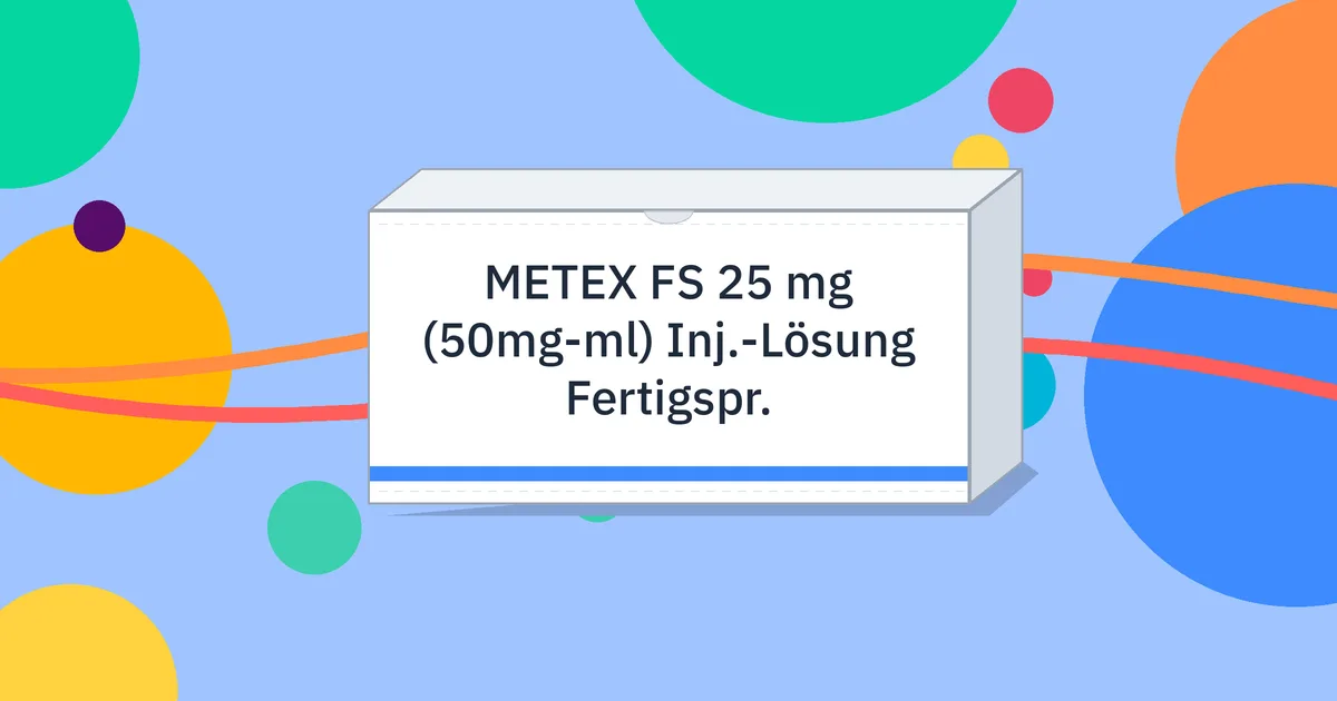 Symbolbild: Packung mit der Aufschrift METEX FS 25 mg (50mg-ml) Inj.-Lösung Fertigspr. (PZN 01178289) – Verfügbarkeit und Bezug in Apotheken in Frankfurt am Main