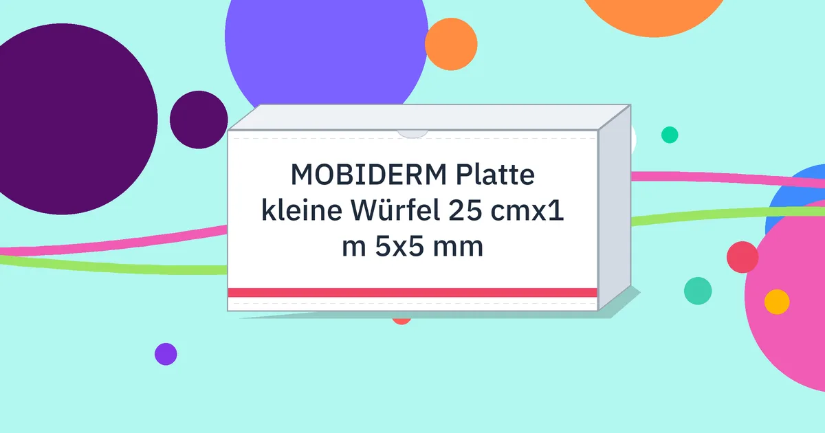 Symbolbild: Packung mit der Aufschrift MOBIDERM Platte kleine Würfel 25 cmx1 m 5x5 mm (PZN 11001020) – Verfügbarkeit und Bezug in Apotheken in Frankfurt am Main