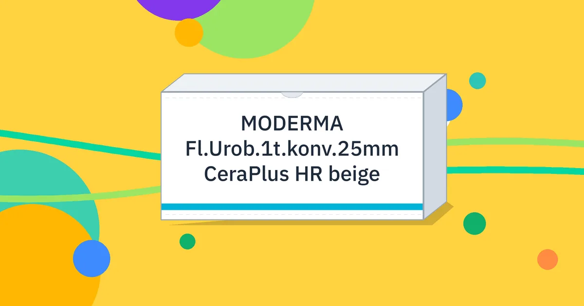 Symbolbild: Packung mit der Aufschrift MODERMA Fl.Urob.1t.konv.25mm CeraPlus HR beige (PZN 16243176) – Verfügbarkeit und Bezug in Apotheken in Frankfurt am Main