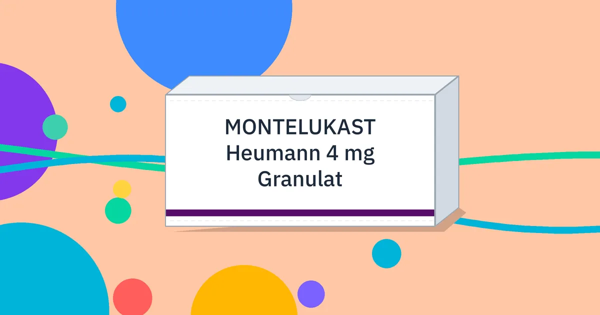 Symbolbild: Packung mit der Aufschrift MONTELUKAST Heumann 4 mg Granulat (PZN 15250464) – Verfügbarkeit und Bezug in Apotheken in Frankfurt am Main