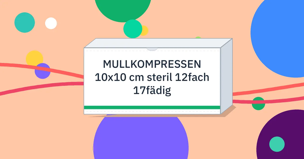 Symbolbild: Packung mit der Aufschrift MULLKOMPRESSEN 10x10 cm steril 12fach 17fädig (PZN 04643166) – Verfügbarkeit und Bezug in Apotheken in Frankfurt am Main