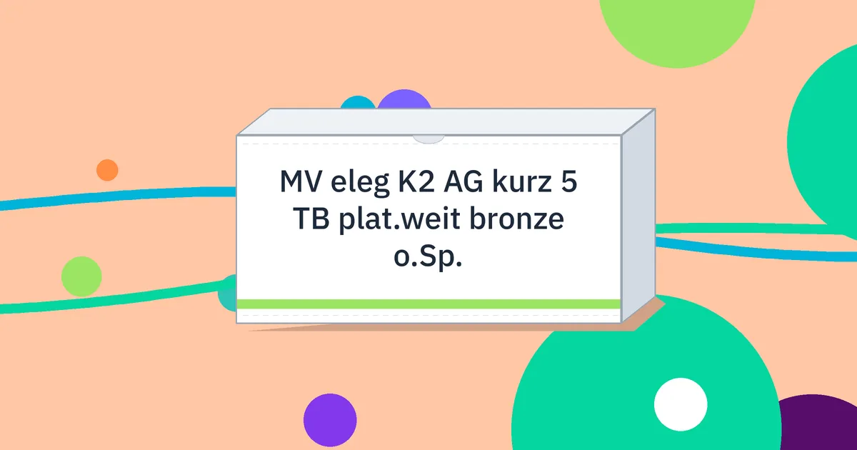 Symbolbild: Packung mit der Aufschrift MV eleg K2 AG kurz 5 TB plat.weit bronze o.Sp. (PZN 14715978) – Verfügbarkeit und Bezug in Apotheken in Frankfurt am Main