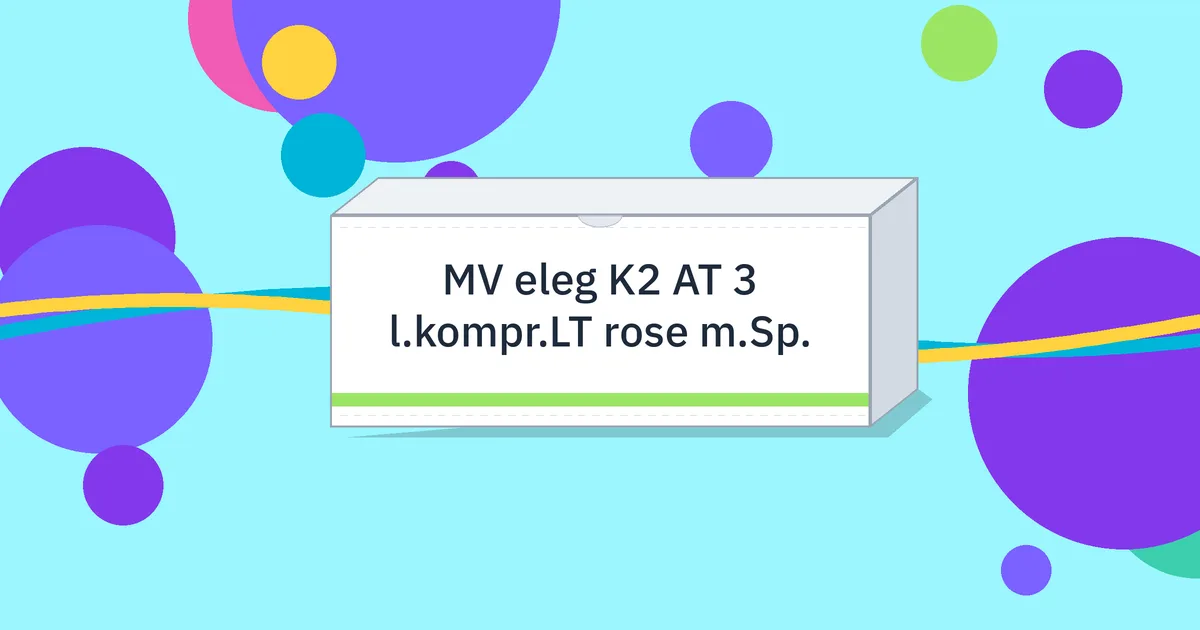 Symbolbild: Packung mit der Aufschrift MV eleg K2 AT 3 l.kompr.LT rose m.Sp. (PZN 15286143) – Verfügbarkeit und Bezug in Apotheken in Frankfurt am Main