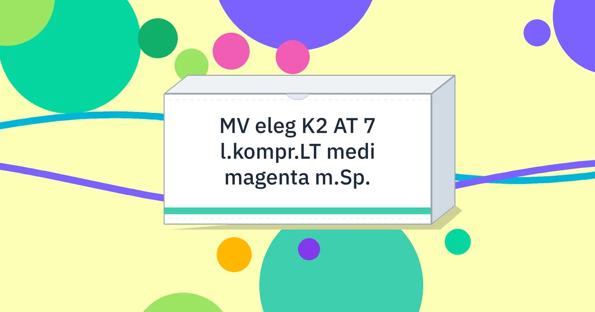 Symbolbild: Packung mit der Aufschrift MV eleg K2 AT 7 l.kompr.LT medi magenta m.Sp. (PZN 15285681) – Verfügbarkeit und Bezug in Apotheken in Frankfurt am Main
