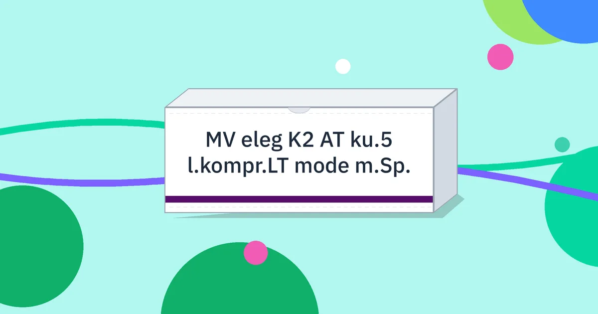 Symbolbild: Packung mit der Aufschrift MV eleg K2 AT ku.5 l.kompr.LT mode m.Sp. (PZN 06190390) – Verfügbarkeit und Bezug in Apotheken in Frankfurt am Main