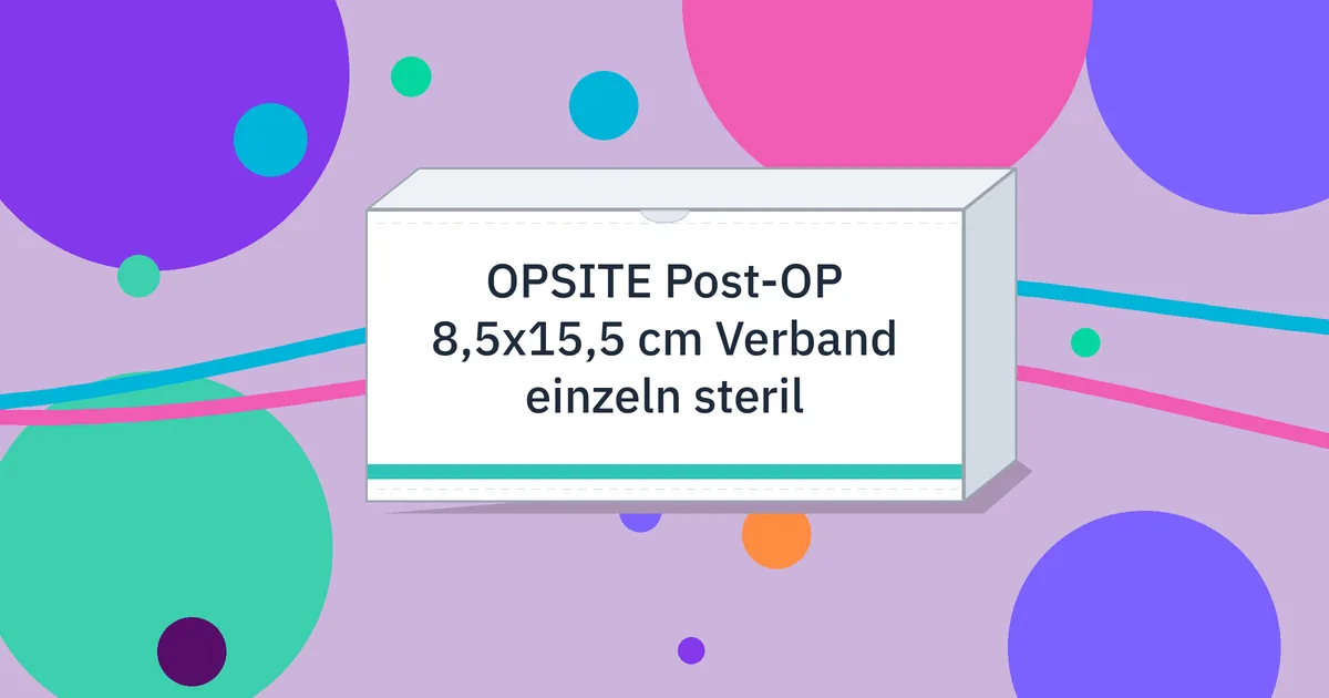 Symbolbild: Packung mit der Aufschrift OPSITE Post-OP 8,5x15,5 cm Verband einzeln steril (PZN 20284198) – Verfügbarkeit und Bezug in Apotheken in Frankfurt am Main
