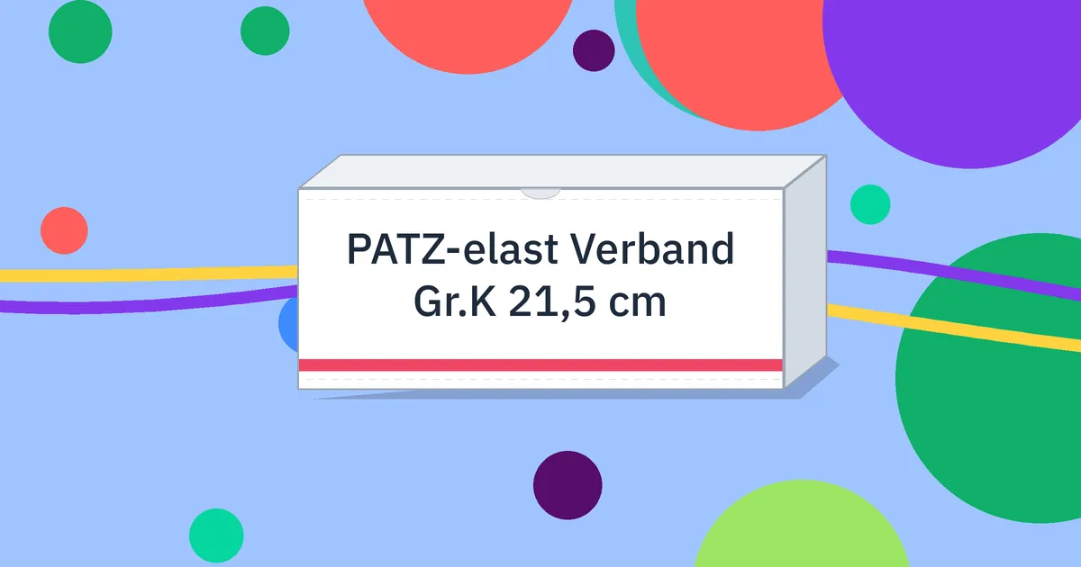 Symbolbild: Packung mit der Aufschrift PATZ-elast Verband Gr.K 21,5 cm (PZN 06815269) – Verfügbarkeit und Bezug in Apotheken in Frankfurt am Main