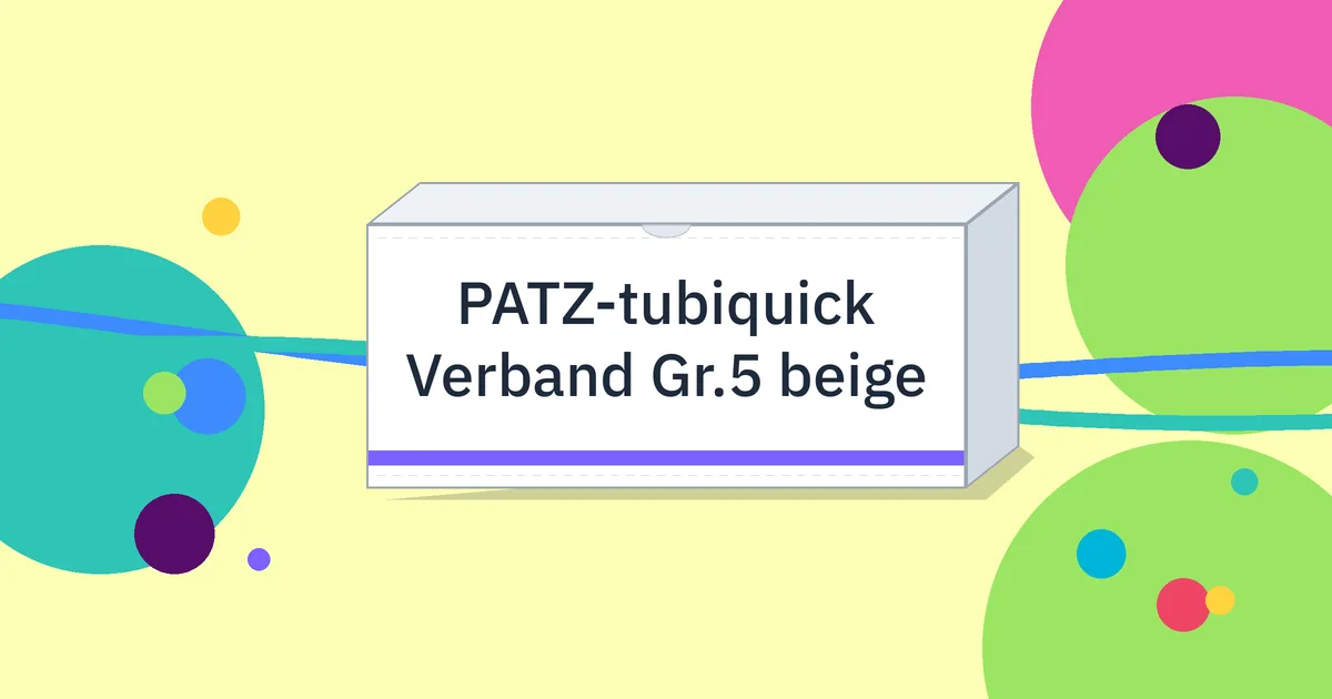 Symbolbild: Packung mit der Aufschrift PATZ-tubiquick Verband Gr.5 beige (PZN 06815341) – Verfügbarkeit und Bezug in Apotheken in Frankfurt am Main