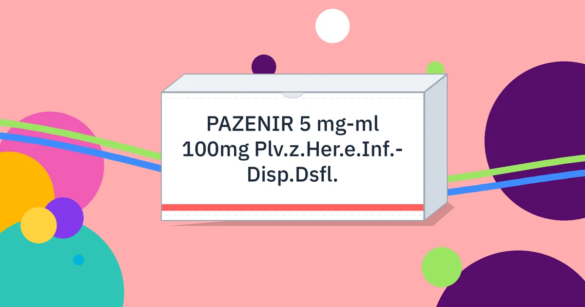 Symbolbild: Packung mit der Aufschrift PAZENIR 5 mg-ml 100mg Plv.z.Her.e.Inf.-Disp.Dsfl. (PZN 18713798) – Verfügbarkeit und Bezug in Apotheken in Frankfurt am Main