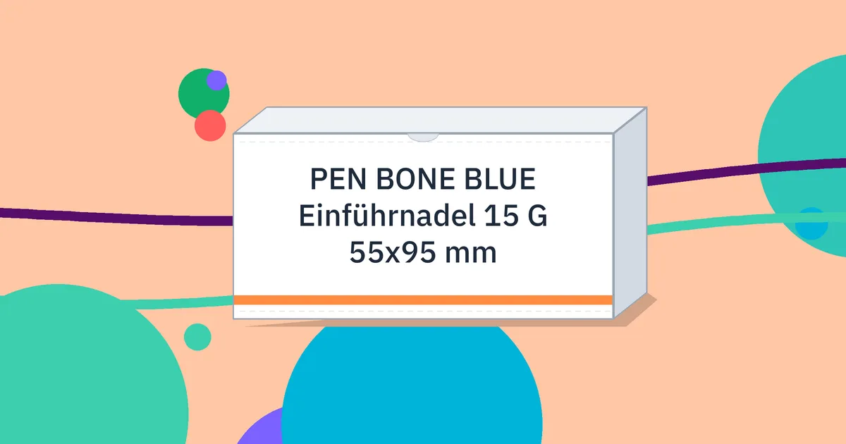 Symbolbild: Packung mit der Aufschrift PEN BONE BLUE Einführnadel 15 G 55x95 mm (PZN 16919834) – Verfügbarkeit und Bezug in Apotheken in Frankfurt am Main
