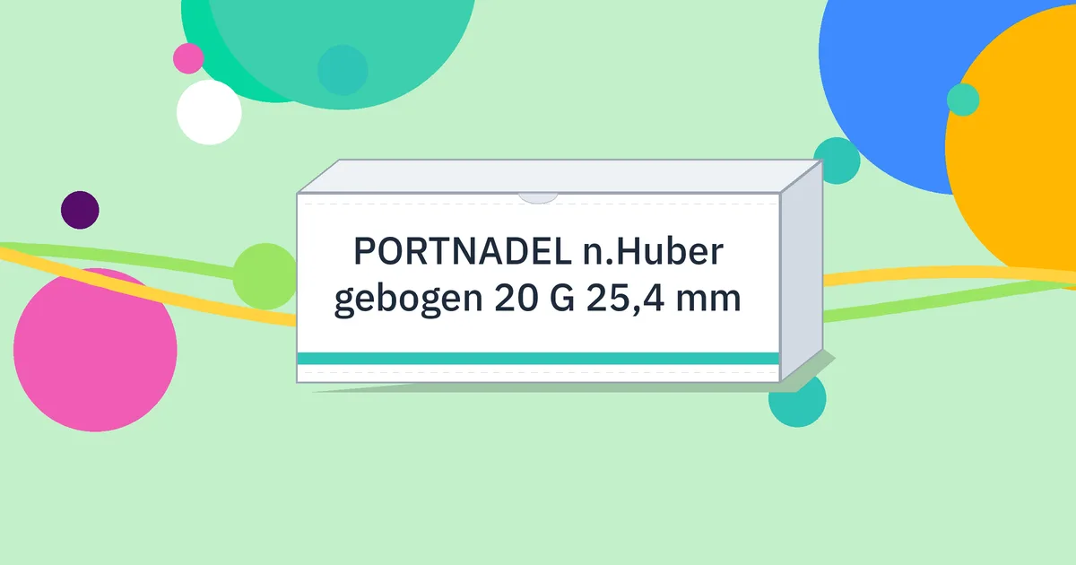 Symbolbild: Packung mit der Aufschrift PORTNADEL n.Huber gebogen 20 G 25,4 mm (PZN 00108163) – Verfügbarkeit und Bezug in Apotheken in Frankfurt am Main