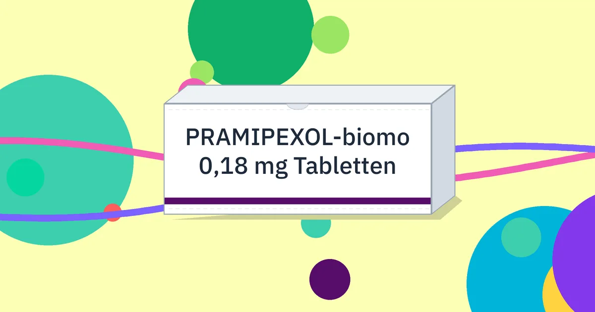 Symbolbild: Packung mit der Aufschrift PRAMIPEXOL-biomo 0,18 mg Tabletten (PZN 07519449) – Verfügbarkeit und Bezug in Apotheken in Frankfurt am Main
