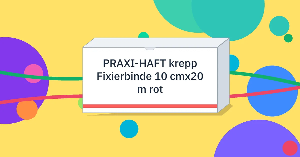 Symbolbild: Packung mit der Aufschrift PRAXI-HAFT krepp Fixierbinde 10 cmx20 m rot (PZN 12826426) – Verfügbarkeit und Bezug in Apotheken in Frankfurt am Main