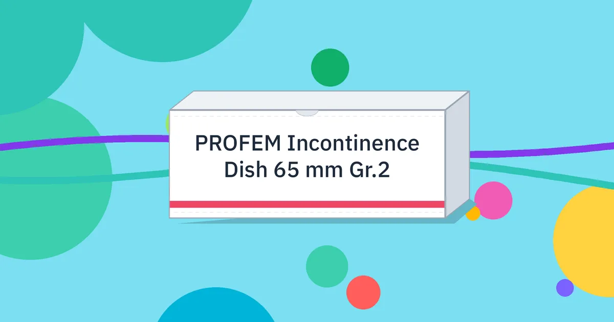 Symbolbild: Packung mit der Aufschrift PROFEM Incontinence Dish 65 mm Gr.2 (PZN 19641345) – Verfügbarkeit und Bezug in Apotheken in Frankfurt am Main