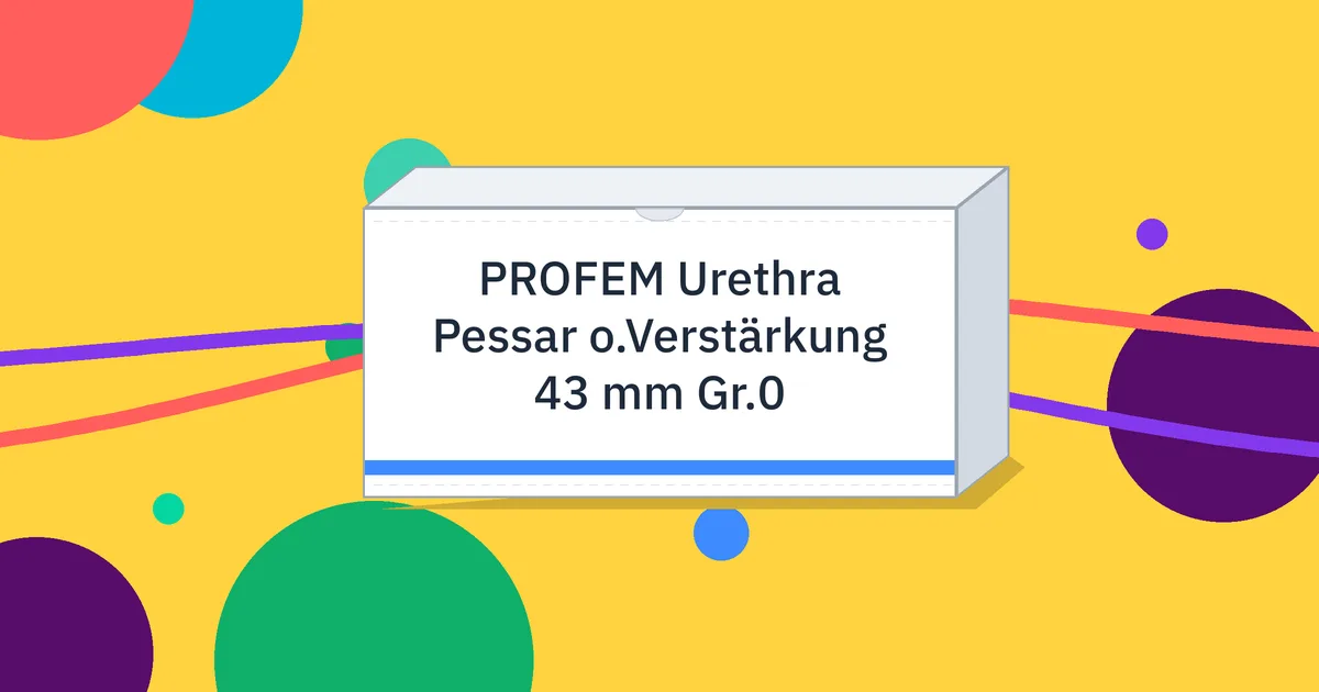 Symbolbild: Packung mit der Aufschrift PROFEM Urethra Pessar o.Verstärkung 43 mm Gr.0 (PZN 11673311) – Verfügbarkeit und Bezug in Apotheken in Frankfurt am Main