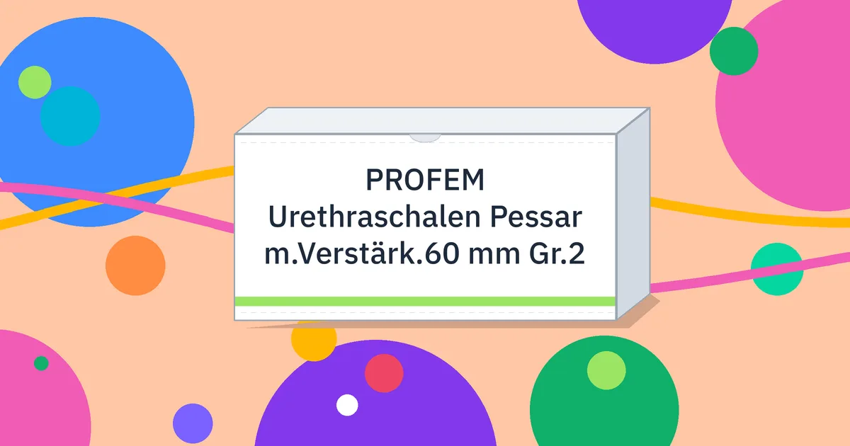 Symbolbild: Packung mit der Aufschrift PROFEM Urethraschalen Pessar m.Verstärk.60 mm Gr.2 (PZN 11672725) – Verfügbarkeit und Bezug in Apotheken in Frankfurt am Main