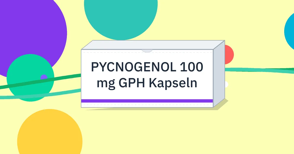 Symbolbild: Packung mit der Aufschrift PYCNOGENOL 100 mg GPH Kapseln (PZN 09180854) – Verfügbarkeit und Bezug in Apotheken in Frankfurt am Main