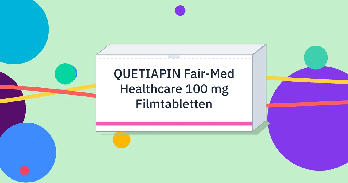 Symbolbild: Packung mit der Aufschrift QUETIAPIN Fair-Med Healthcare 100 mg Filmtabletten (PZN 14167790) – Verfügbarkeit und Bezug in Apotheken in Frankfurt am Main